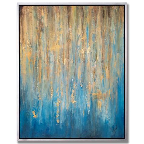 Cuadro Color Azul Blue Pintado A Mano Con Dorado Y Marco