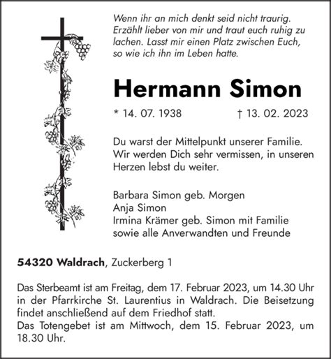 Traueranzeigen Von Hermann Simon Volksfreund Trauer De