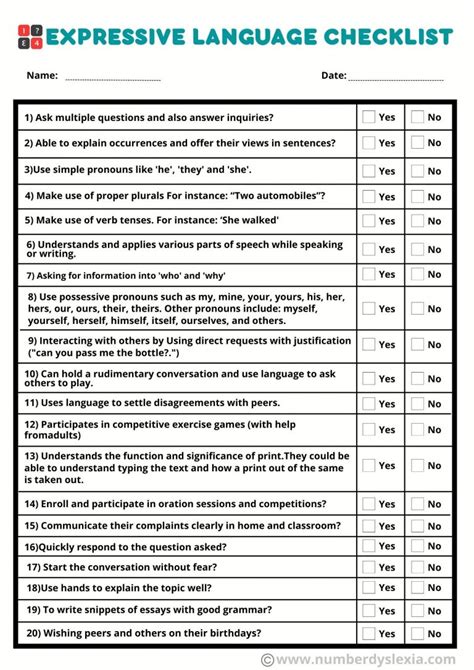 expressive language skills checklist [pdf included] number dyslexia