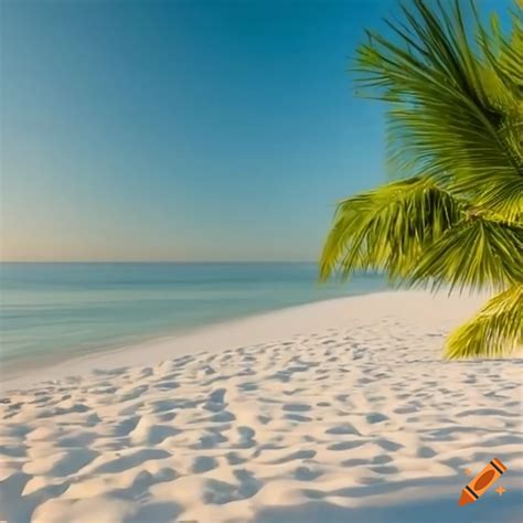 Serene Beach Scene With White Sand And Green Palms On Craiyon