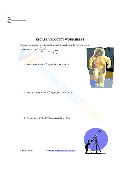 Excercises On Escape Velocity Worksheet