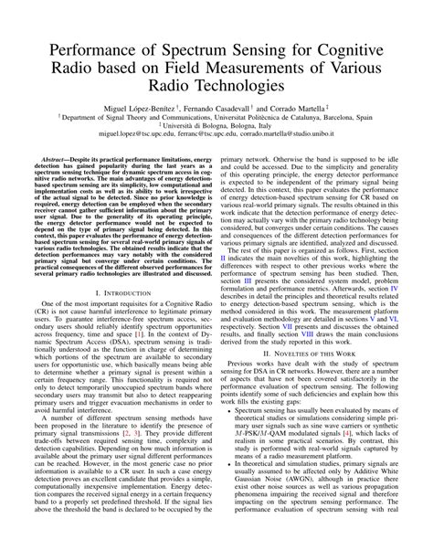pdf performance of spectrum sensing for cognitive radio based on field measurements of various