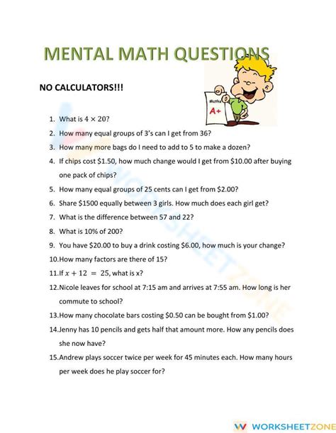 Mental Math Yr 6 Worksheet Zone