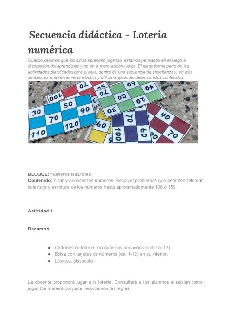 Lotería numérica LOTERIA NUMERICA Secuencia didáctica Lotería