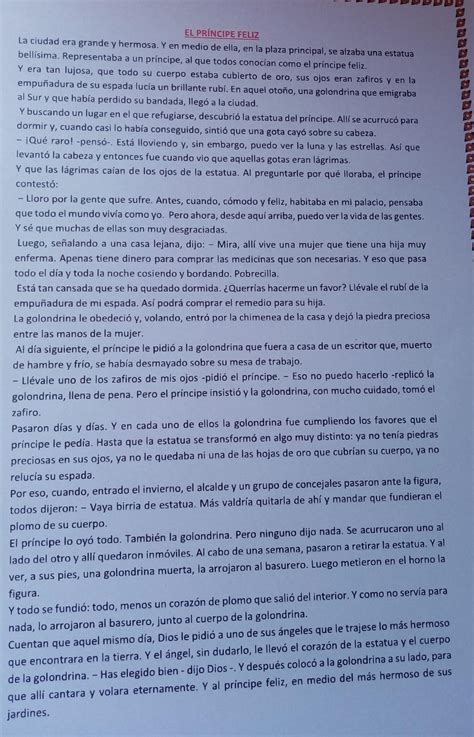 resumen de la historia El príncipe feliz Brainly lat