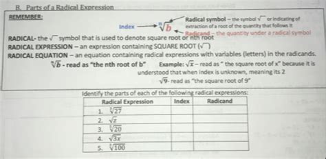 Solved Parts Of A Radical Expression REMEMBER Radical Symbol The
