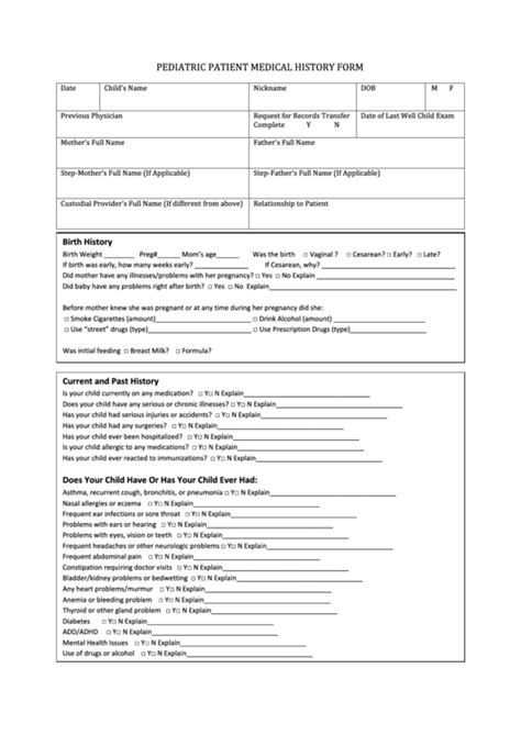 Pediatric Medical History Form Printable Printable Forms Free Online