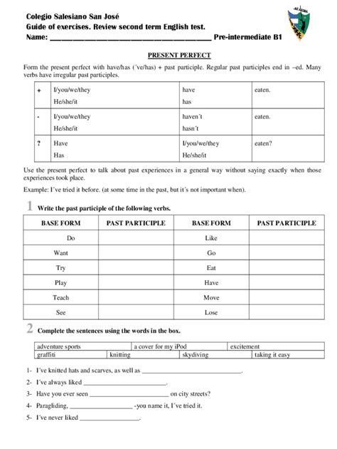 Fillable Online Present Perfect Online Worksheet For Intermediate Fax