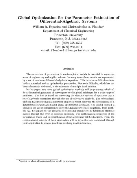 pdf global optimization for parameter estimation of differential algebraic systems