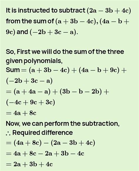 subtract 2a 3b 4c from the sum of a 3b 4c 4a b 9c and 2b 3c a from the sum