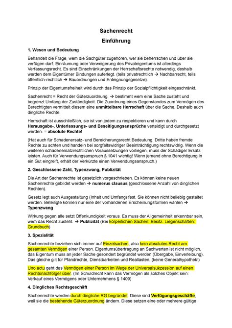Sachenrecht Zusammenfassung Sachenrecht Einführung 1 Wesen und