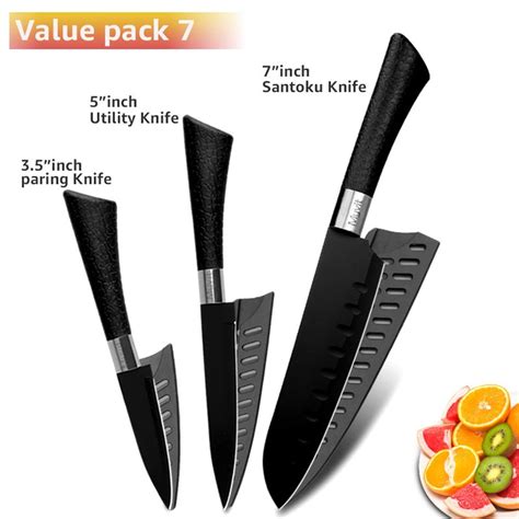 Myvit Kitchen Knife Set Of 3 Black Coated Chef Knife Nonstick Paring