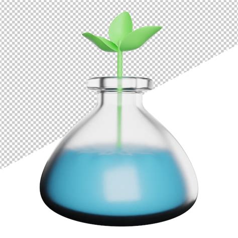 Um copo de vidro um líquido azul e uma planta verde crescendo nele