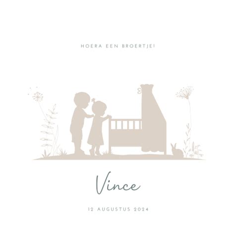 Lieve Geboortekaart Klein Broertje Silhouet Beige Met Zus En Broer