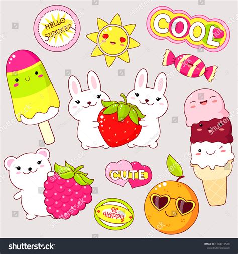 Set Cute Icons Kawaii Style Bunny Stock Vector Royalty Free