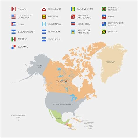 Bandeiras da américa do norte e ilustração vetorial do mapa Vetor Premium