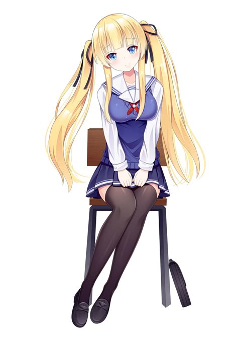 Safebooru 1girl Absurdres Bangs Black Footwear Black Legwear Black Ribbon Blonde Hair Blue