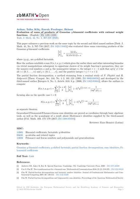 pdf review of the article “evaluation of sums of products of gaussian q binomial coefficients