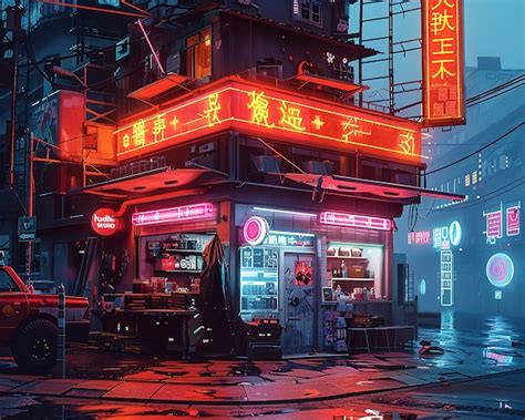 La calle de la ciudad cyberpunk por la noche con luces de neón y