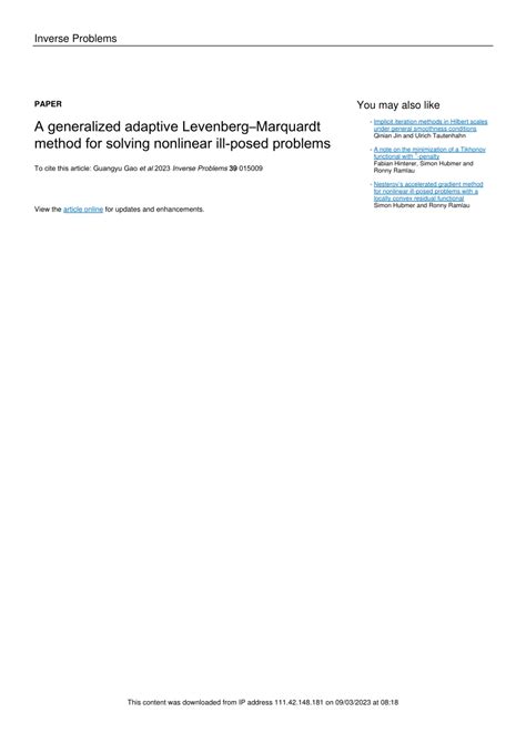 pdf a generalized adaptive levenberg marquardt method for solving nonlinear ill posed problems