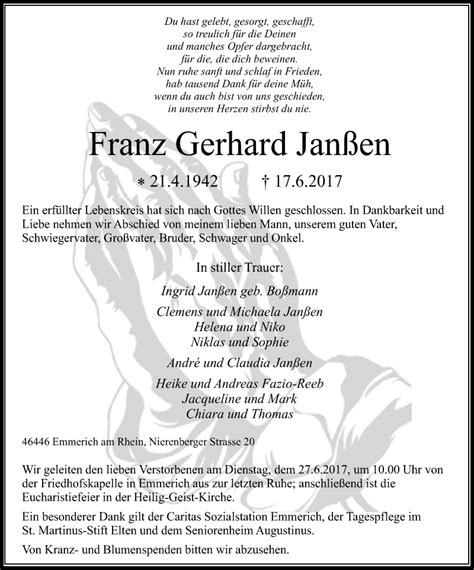 Traueranzeigen von Franz Gerhard Janßen Trauer in NRW de