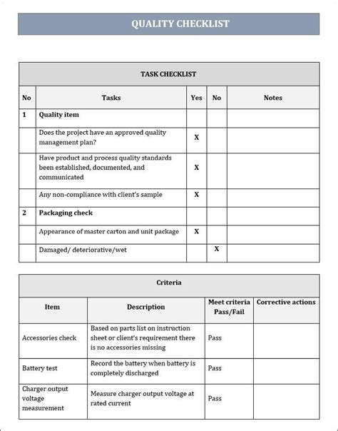 Quality Checklist Editing Checklist Project Management Templates