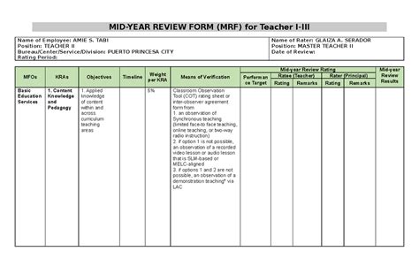 Midyear Performance Review And Evaluation Template Prntbl