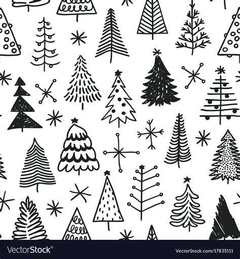 Christmas Trees And Snowflakes In Black And White On A White Background