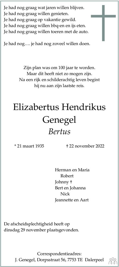 Elizabertus Hendrikus Bertus Genegel 22 11 2022 Overlijdensbericht En