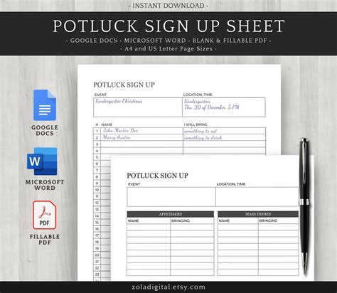 Potluck Sign Up Template Editable Printable Fillable And Blank Sign