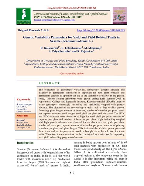 pdf genetic variability parameters for yield and yield related traits in sesame sesamum