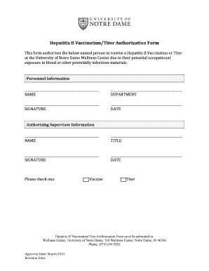 Fillable Online Hepatitis B Vaccinationtiter Authorization Form Fax