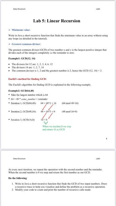 solved data structure lab 5 linear recursion minimum values
