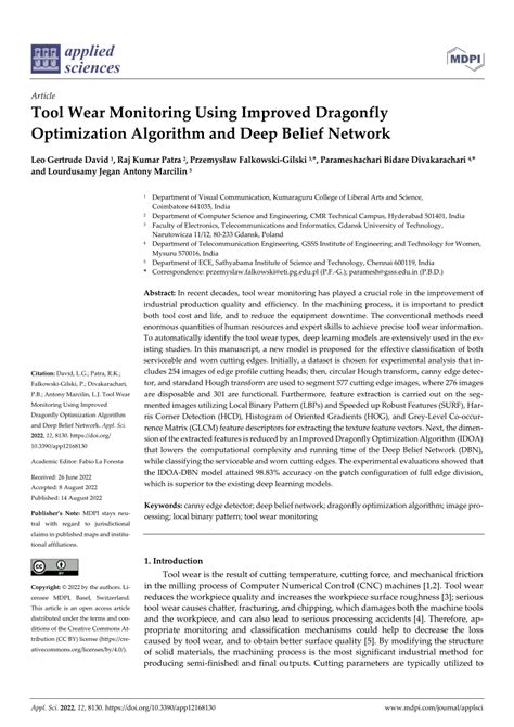pdf tool wear monitoring using improved dragonfly optimization algorithm and deep belief network
