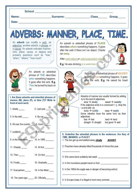 Adverbs Time Place Manner Worksheets AdverbWorksheets Net