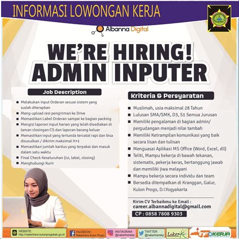DISNAKERTRANS Lowongan Kerja Admin Inputer Di Albana Digital Galur
