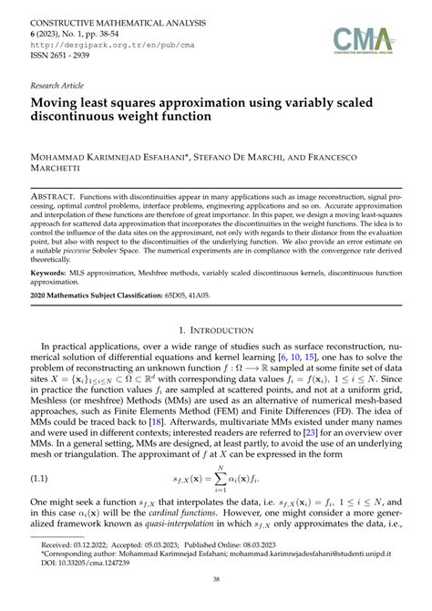 pdf moving least squares approximation using variably scaled discontinuous weight function