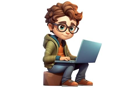 Personagem De Desenho Animado Sentado Em Uma Pedra Um Laptop Foto