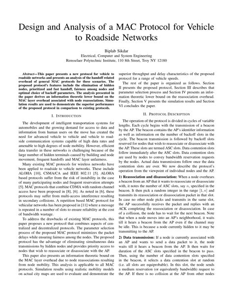 pdf design and analysis of a mac protocol for vehicle to roadside networks