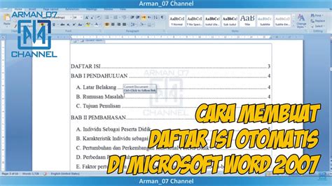 Cara Membuat Daftar Isi Otomatis Di Microsoft Word Youtube