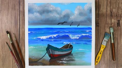 Sea And Boat Painting For Beginners Easy Landscape Acrylic Painting