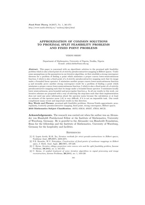 pdf approximation of common solutions to proximal split feasibility problems and fixed point