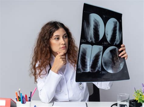 Pensativo joven doctora vistiendo bata médica y estetoscopio sentado en