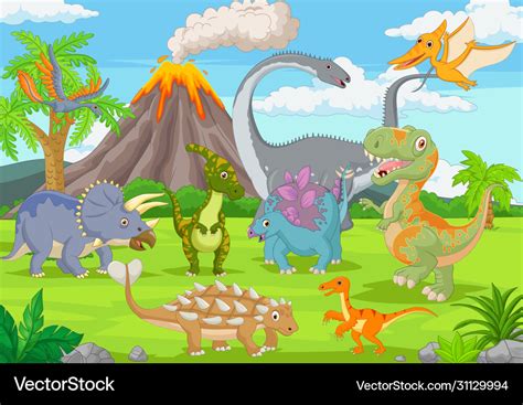 Group Funny Dinosaurs In Jungle Royalty Free Vector Image