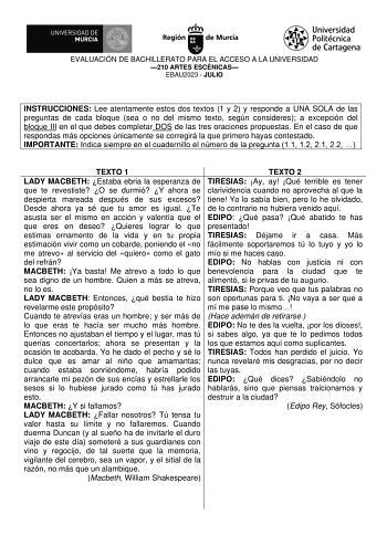 Examen de Artes Escénicas de Murcia EBAU de 2023 Descargar