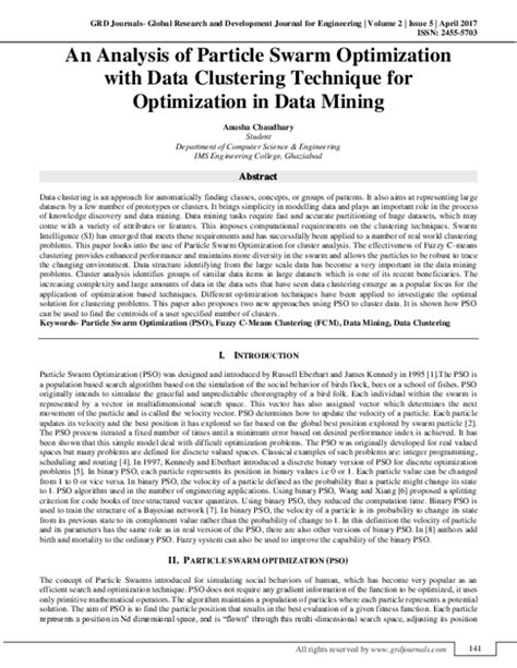 pdf an analysis of particle swarm optimization with data clustering technique for optimization