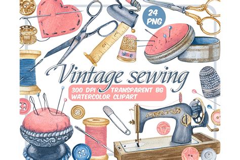 Watercolor Vintage Sewing Clipart Set Graphic By Artfulstudio