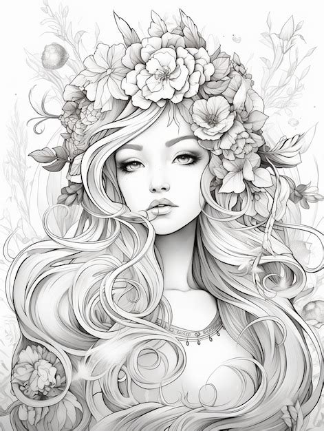 Premium AI Image A Black And White Drawing Of A Woman With Flowers In