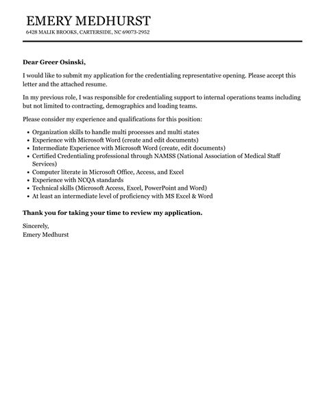 Credentialing Representative Cover Letter Velvet Jobs