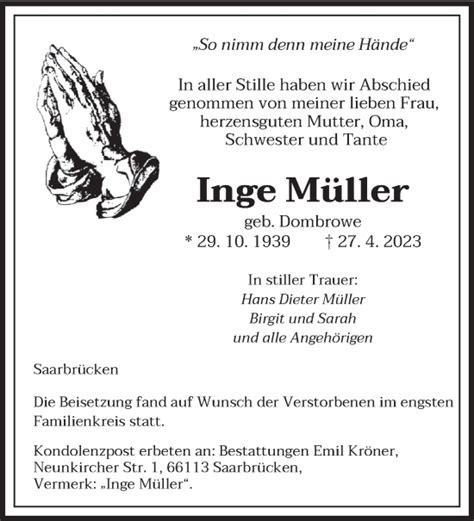 Traueranzeigen von Inge Müller Saarbruecker Zeitung Trauer de